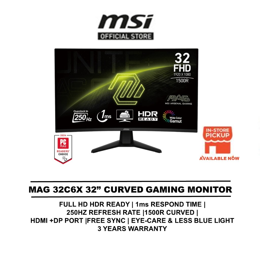 MSI Mag 32C6X Curved Gaming Monitor (32"/1500R/FHD/250Hz Refresh Rate ...