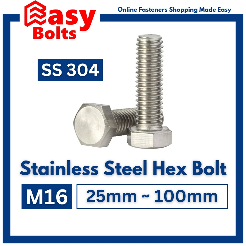 SS Hex Bolt M16 (Length 25mm ~ 100mm) (Coarse Thread Pitch 2.0mm ...