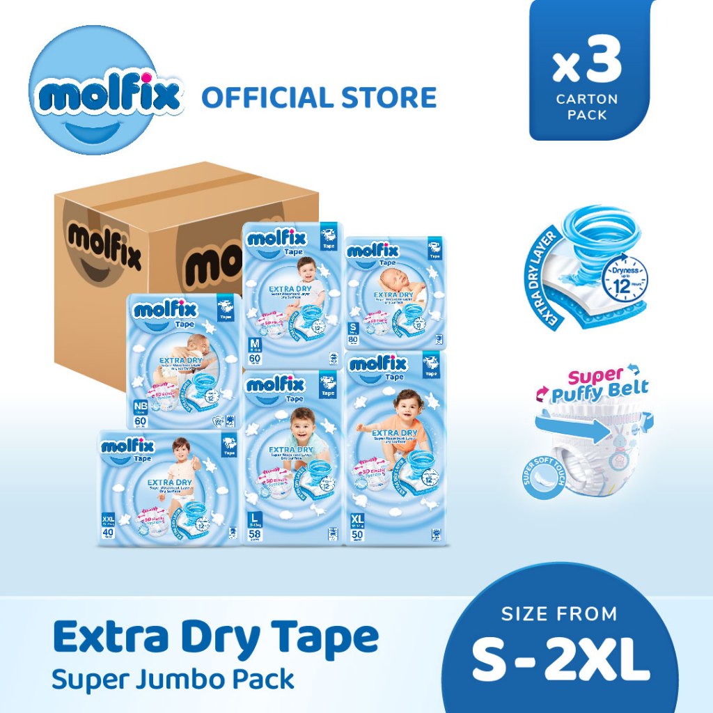 [Bundle of 3] Molfix Extra Dry Tape Super Jumbo Pack - S80 / M60 / L58 ...