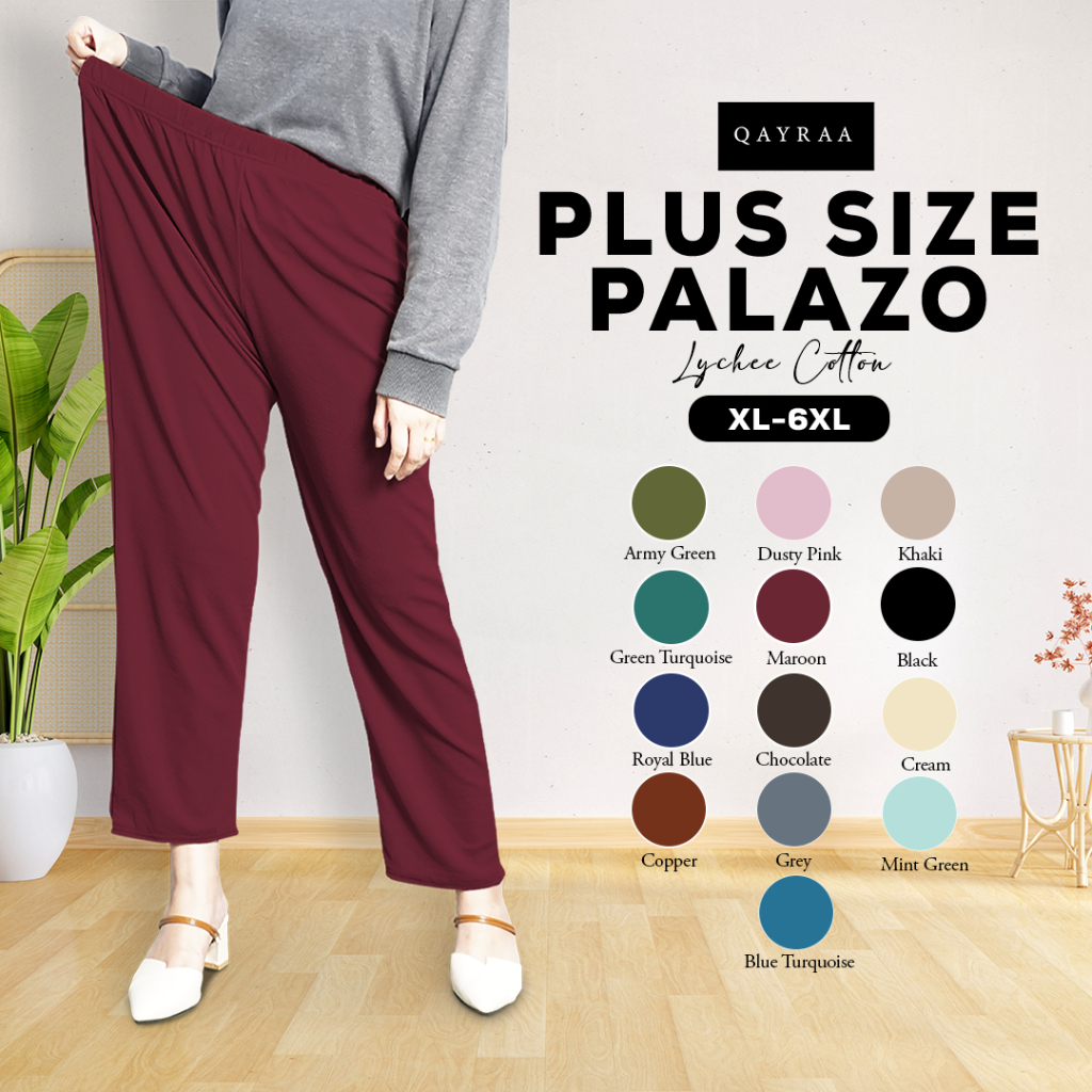 QAYRAA Palazzo Pocket Plus Size Moscrepe Straight Cut Long Pant - Size XL-6XL/Black/Maroon ...