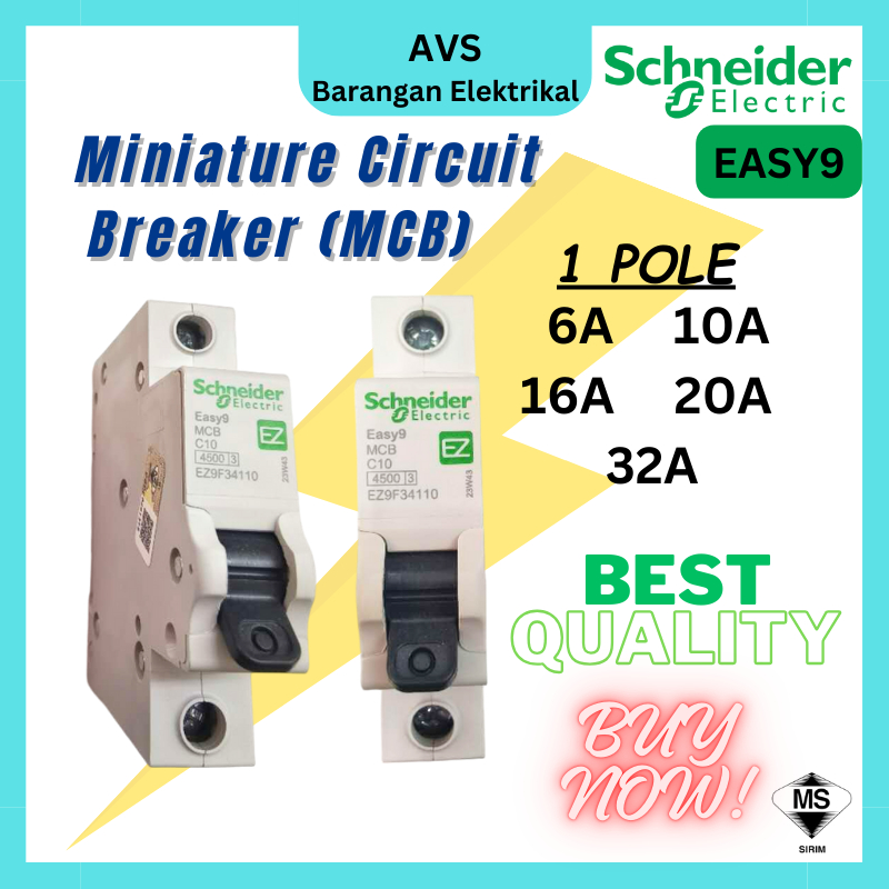 SCHNEIDER EASY9 SERIES MCB 1 POLE 6A 10A 16A 20A 32A MINIATURE CIRCUIT BREAKER | Shopee Malaysia