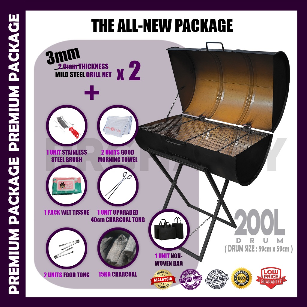 BBQ Grill Outdoor Drum Set Tong Drum 200L BBQ Set Complete With Grill Net Big Size (Full Set ...
