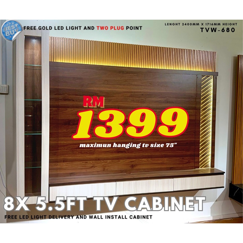 8ft Tv Cabinet Hanging TVW-680 🔥FREE INSTALLATION🔥 With Led Light/Wall ...