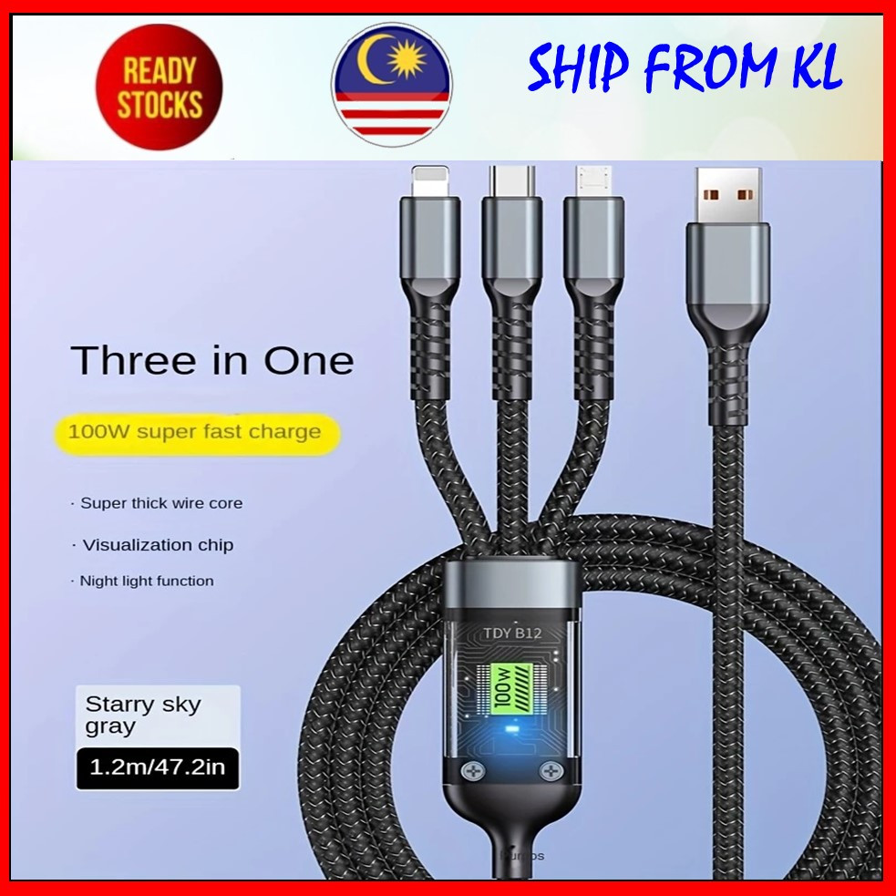🔥ReadyStockIn🇲🇾🔥3 for 1 Data Cable, PD100W Digital Display Data Cable ...