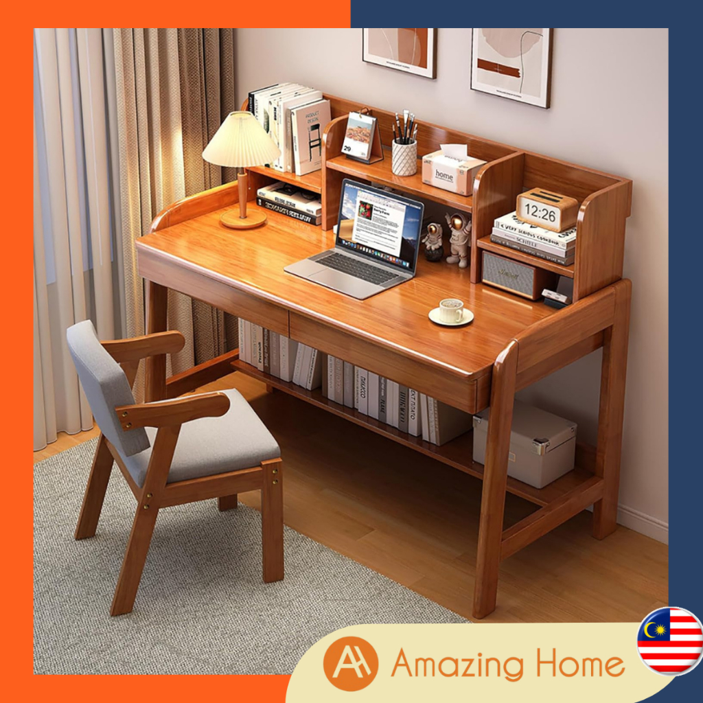 AmazingHome 100cm Solid Wood Study Table Multifunctional Study Desk ...