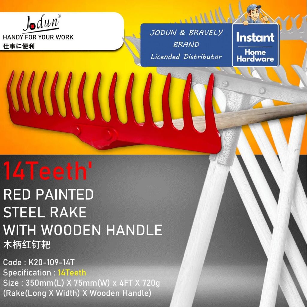 JODUN BRAND 14-TEETH Light Duty Red Painted Steel Rake With Wooden ...