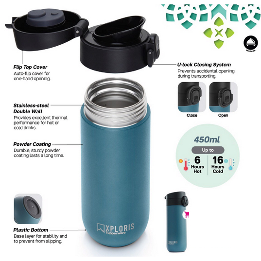 *B or D 1pc*Tupperware Xploris Easy Open Flask (1) 450ml With Gift Box coffee Tea Teh Tarik Kopi ...