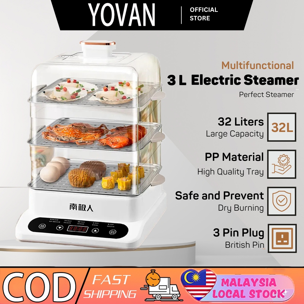 32L Electric Steamer Food Steamer with 3 Tier 12 Hour Smart Reservation ...