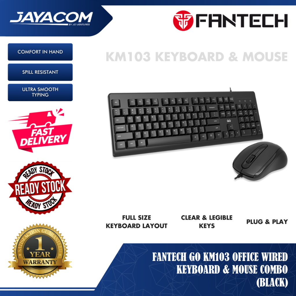 Fantech GO KM103 Office Wired Keyboard & Mouse Combo – Black (Spill Resistant / Ultra Smooth ...