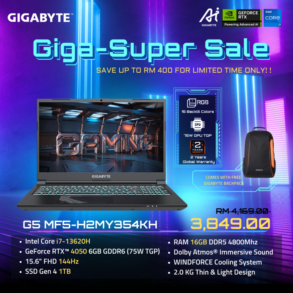 GIGABYTE G5 KF5/G5 MF5 Gaming Laptop [I7-13620H/16G DDR5/1TB/512SSD/RTX4050/RTX4060/15.6"FHD ...