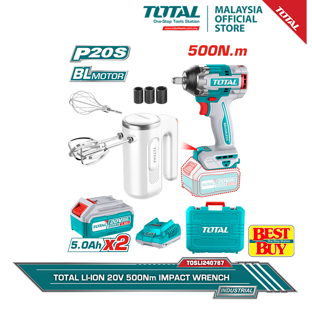 (Combo Set) Total P20S 20V Brushless Li-Ion Impact Wrench 500Nm Torque ...