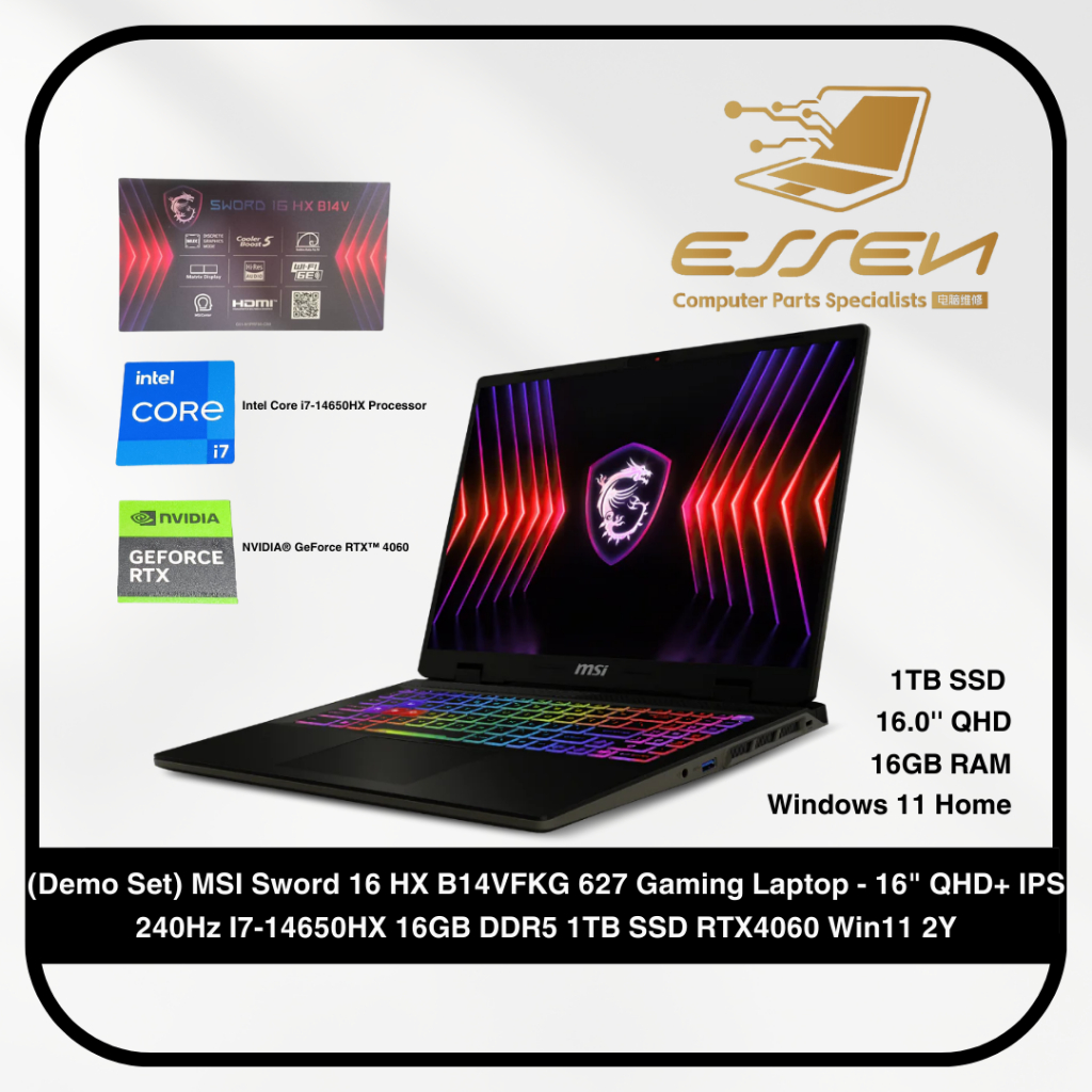 (Demo Set) MSI Sword 16 HX B14VFKG 627 Gaming Laptop - 16" QHD+ IPS ...