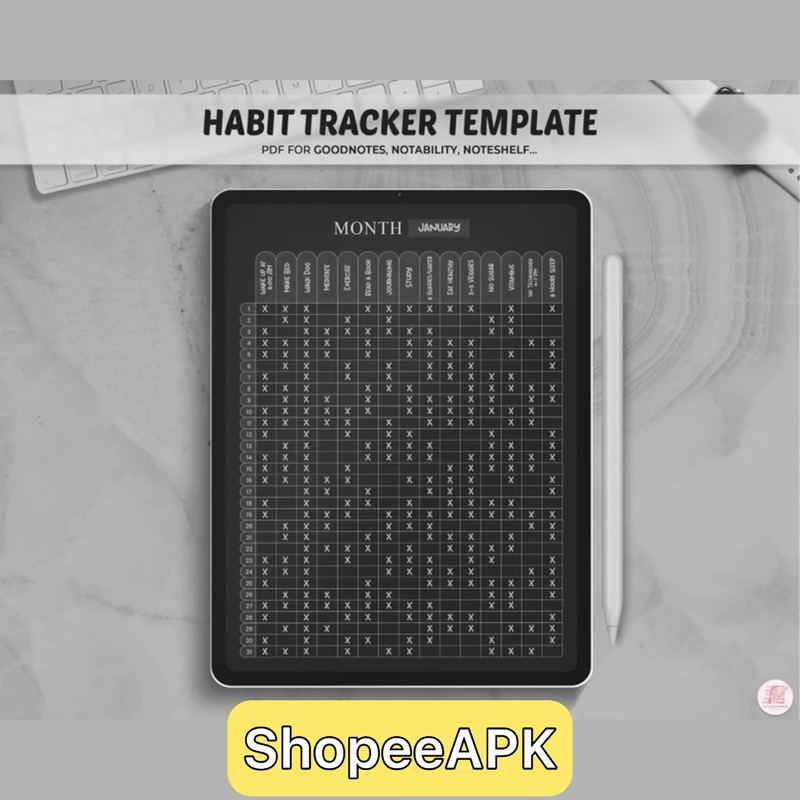 Dark Mode Monthly Habit Tracker 🌙: Goodnotes & iPad Template for Daily ...