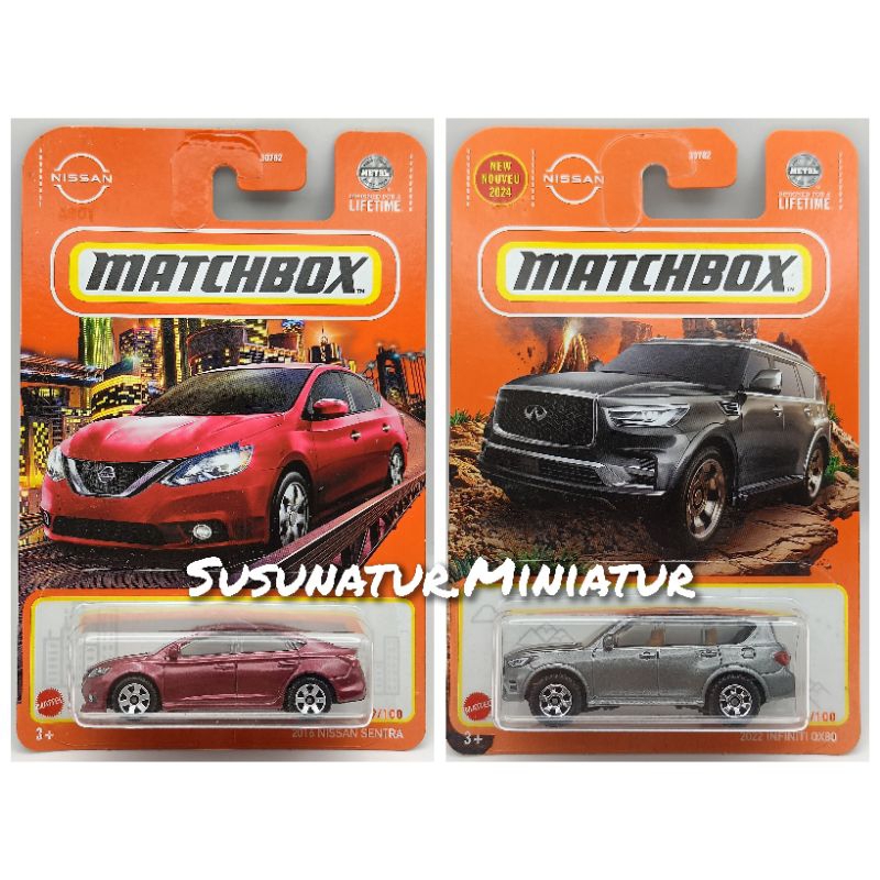 Matchbox 2016 Nissan Sentra , 2022 Infiniti QX80 (Card) 1:64 MBX 2024 ...