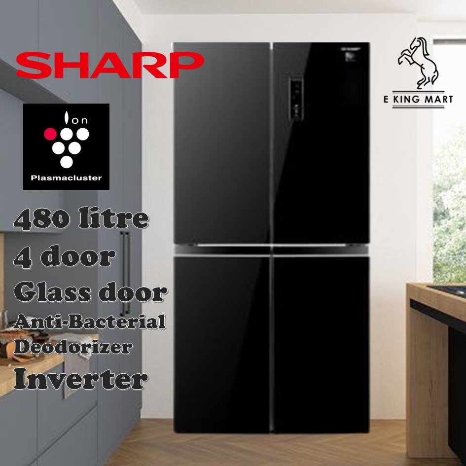 SHARP 4 Doors 480L Inverter BLACK GLASS Door Refrigerator Fridge ...