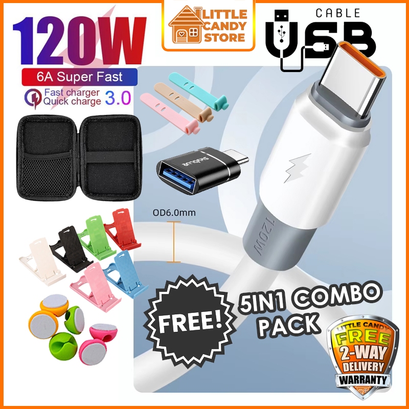Buy 1 Free 5 120W 6A Fast Charging USB Cable with Zip Pouch Bag Mobile ...