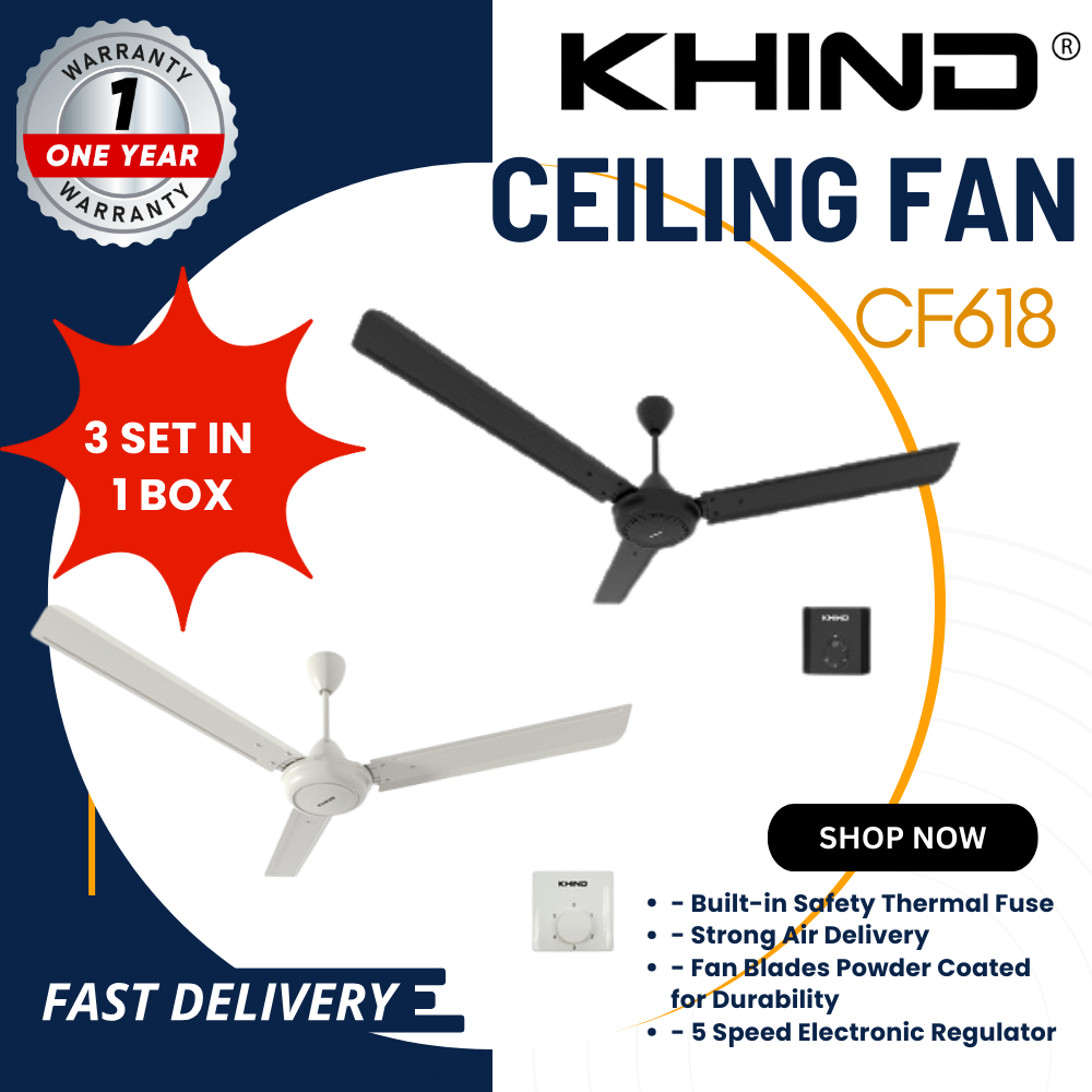 KHIND 60" CEILING FAN CF618 BLACK/WHITE (THREE UNIT PACKAGING) KIPAS ...