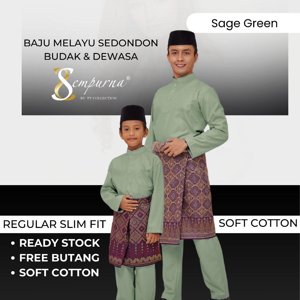 2025 BAJU MELAYU RAYA REGULAR SLIM FIT WARNA SAGE GREEN SOFT COTTON ...