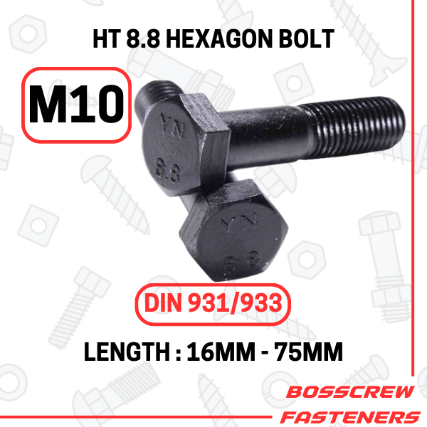 Black - HT Grade 8.8 Hexagon Bolt m10 x (16mm ~ 75mm) Coarse Threaded ...