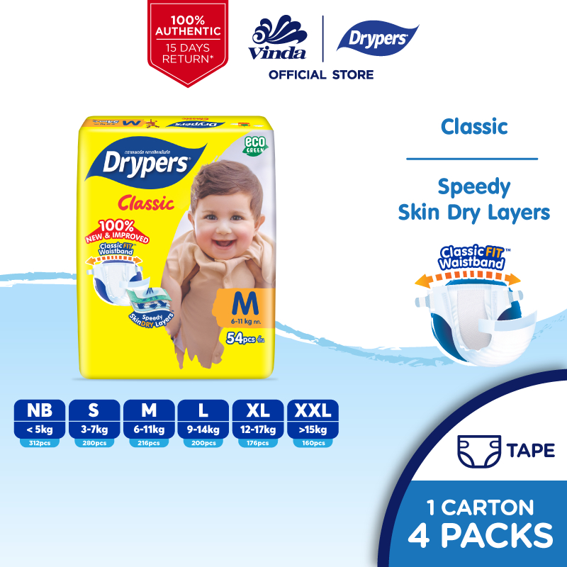 Drypers Classic Baby Diapers NB78/ S70/ M54/ L50/ XL44/ XXL40 (4 Packs ...
