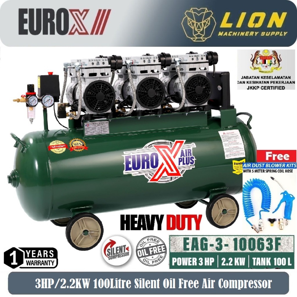 Eurox AIr Plus 3HP/2.2KW 100Litre Oil Free SIlent Air Compressor EAG-3-10063F with JKKP Cert - 1 ...