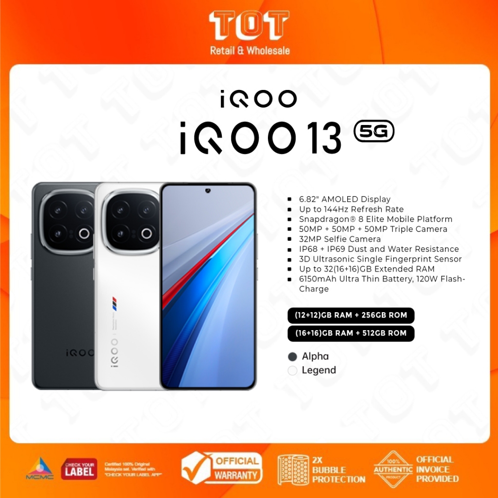 iQOO 13 5G (12GB/16GB+256GB/512GB ) 6.82" AMOLED l Snapdragon 8 Elite+Chip Q2l 2K 144Hz EyeCarel ...