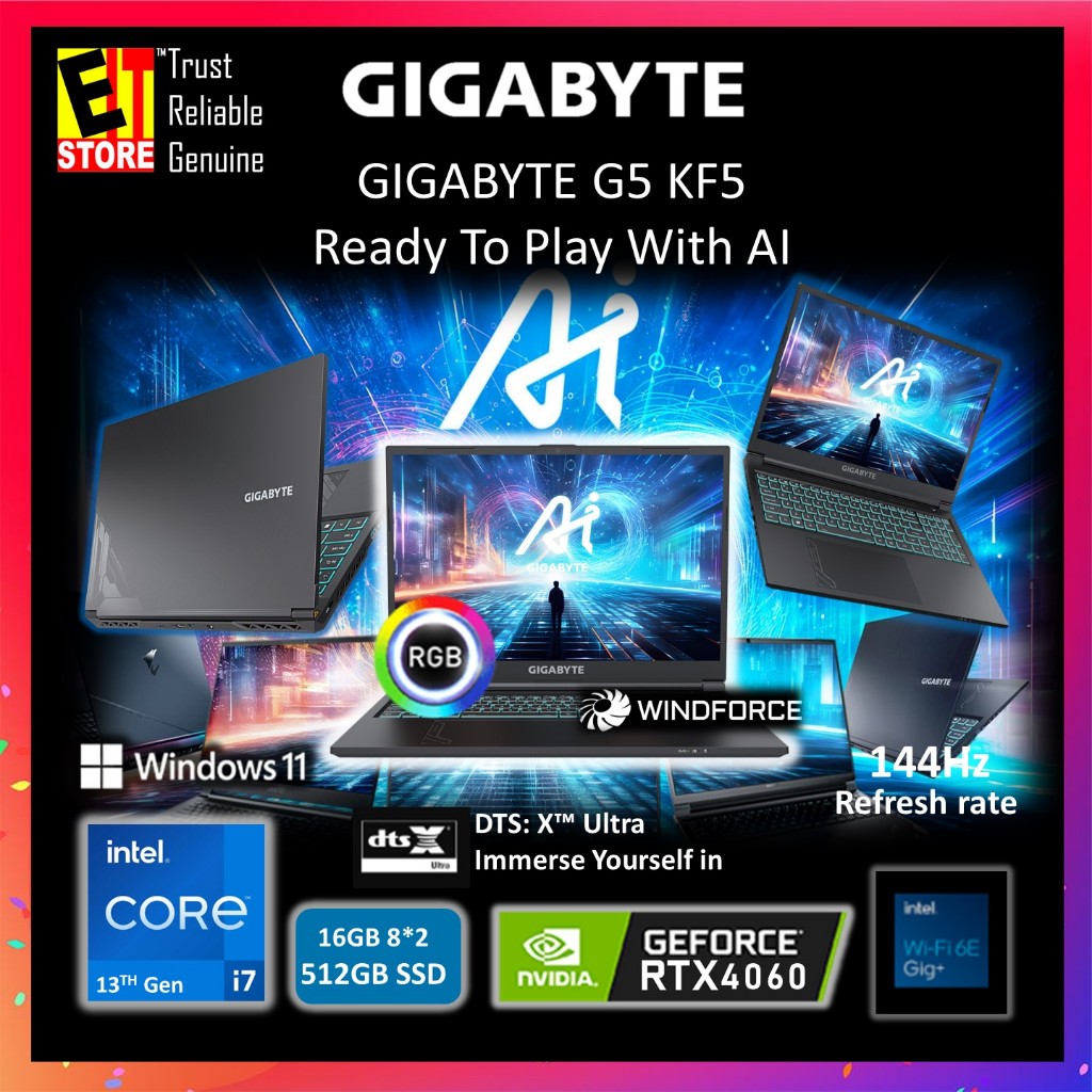 GIGABYTE G5 KF5 GAMING LAPTOP (I7-1362H/16GB DDR5/512GB SSD/8GB RTX4060/15' FHD 144HZ/RGB KEY ...