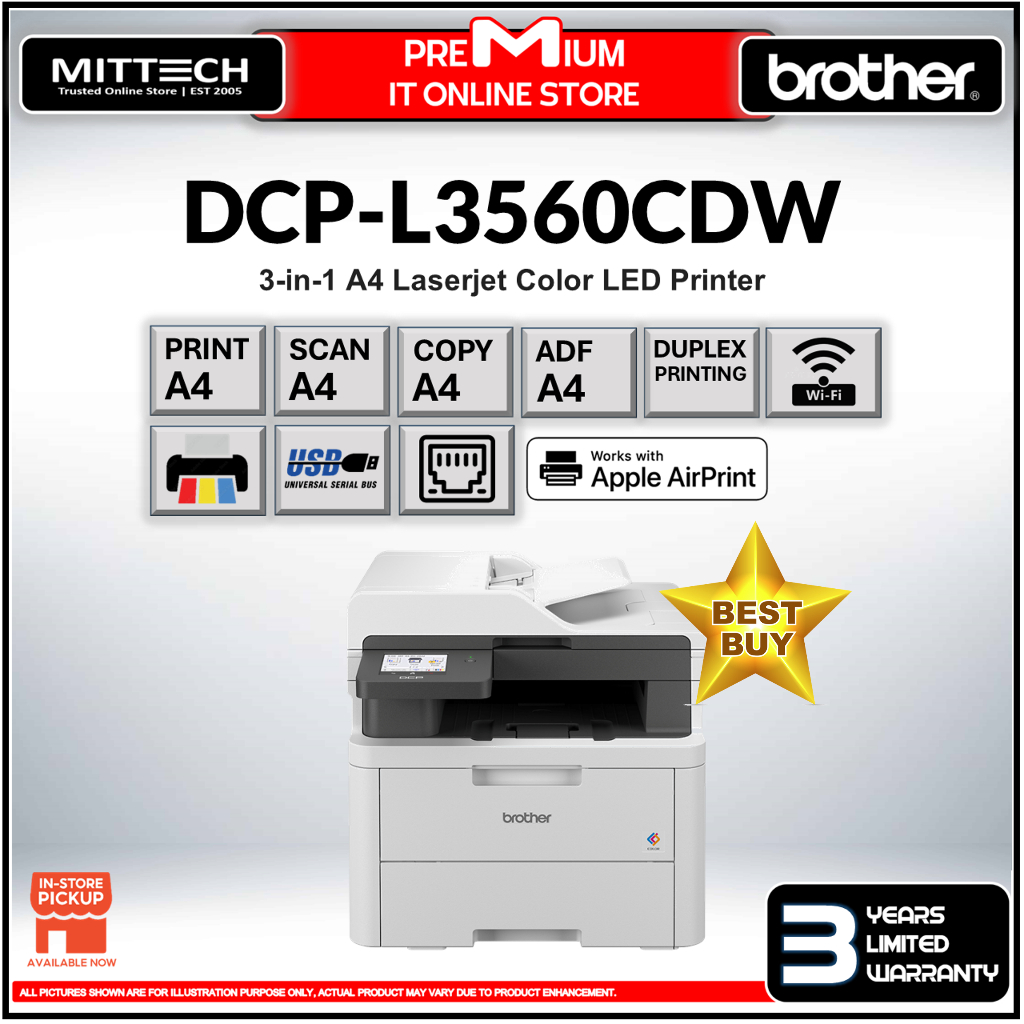 Brother Color LED Laserjet Printer A4 3in1 Wireless DCP-L3560CDW | ADF ...