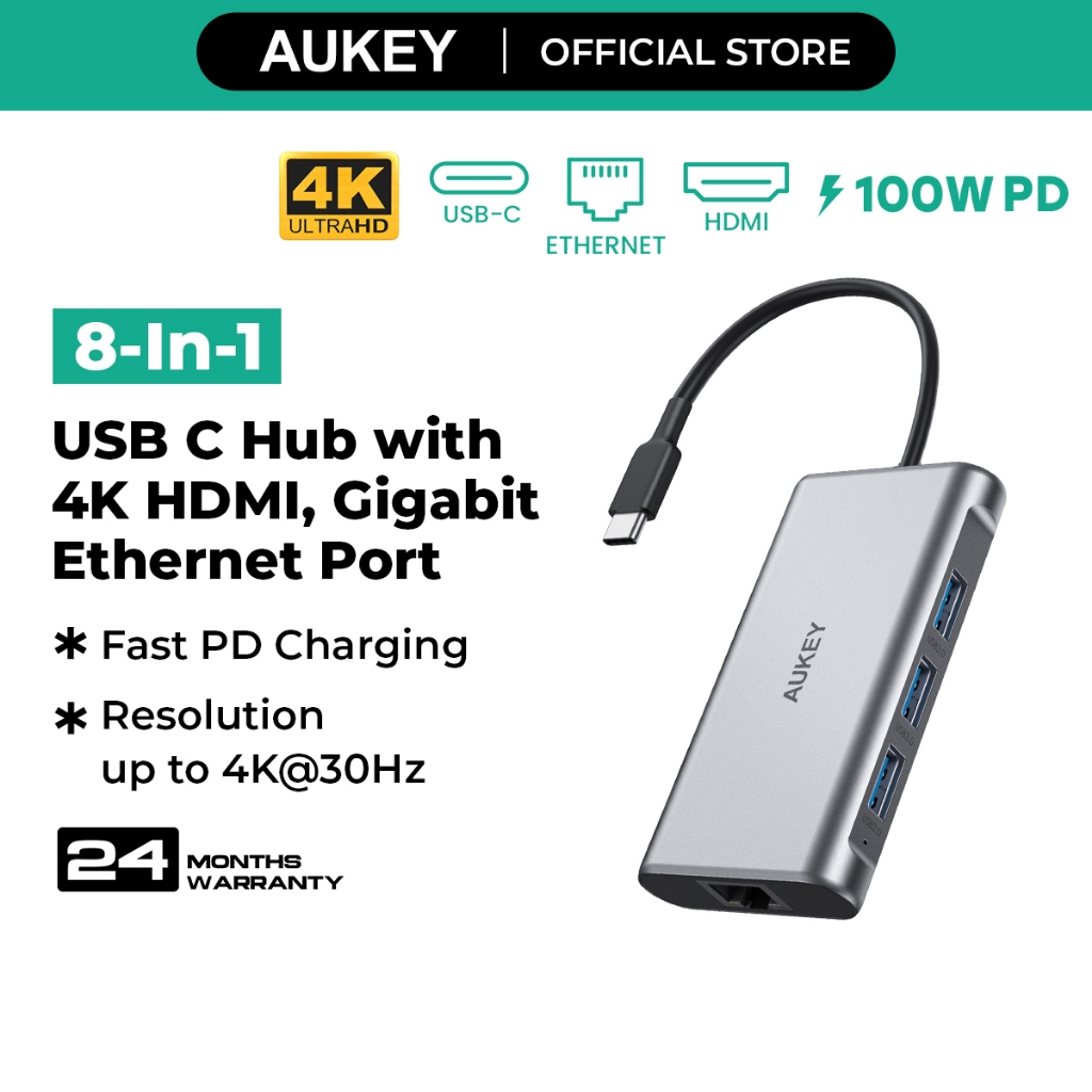 AUKEY CB-C91 8 in 1 100W USB C Hub with 4K HDMI, Gigabit Ethernet Port ...