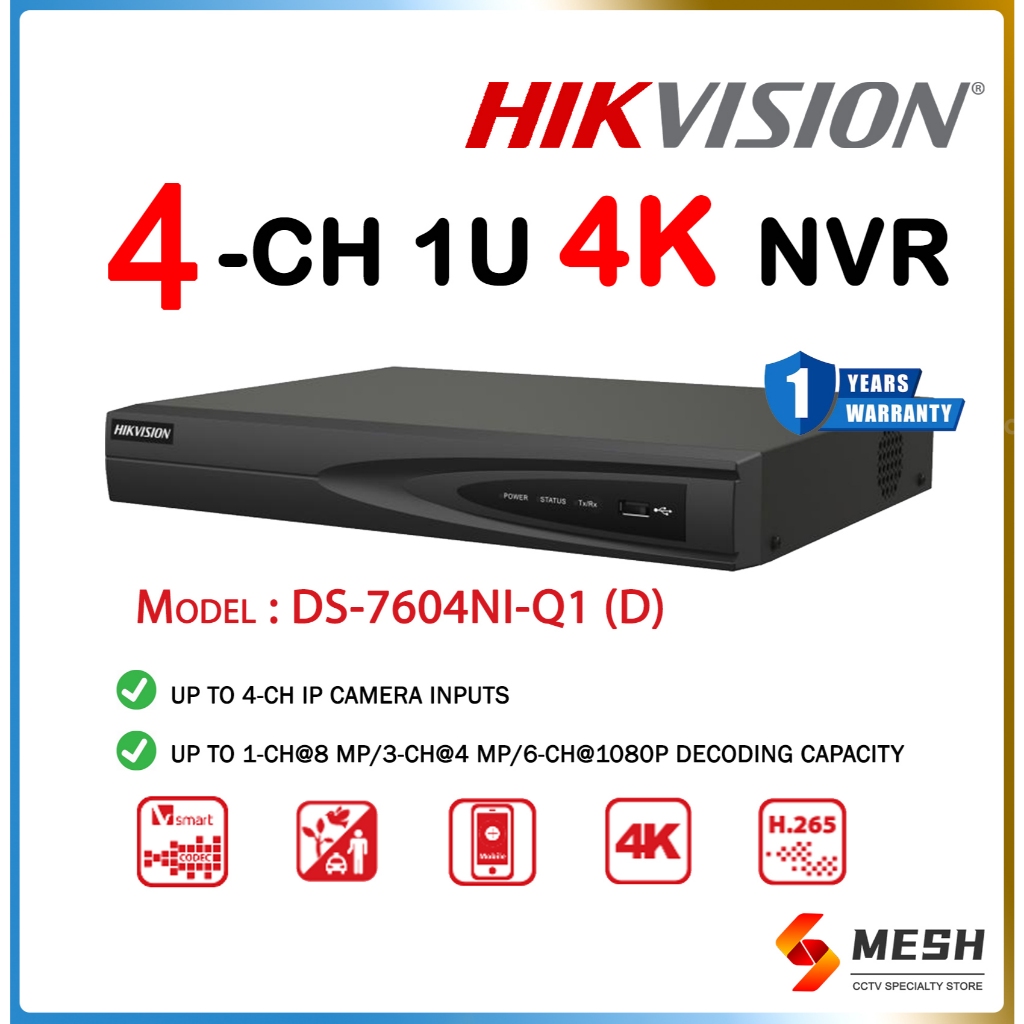 Hikvision 4CH 4 Channel 4K 8MP 8 Megapixel IP Network CCTV NVR Recorder 80Mbps 1 Hdd DS-7604NI ...