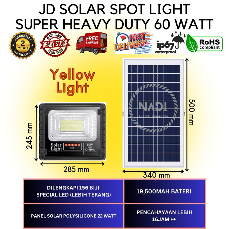 WARM LIGHT 60 WATT JD LED SOLAR FLOOD / SPOT LIGHT 60W / LAMPU SOLAR ...