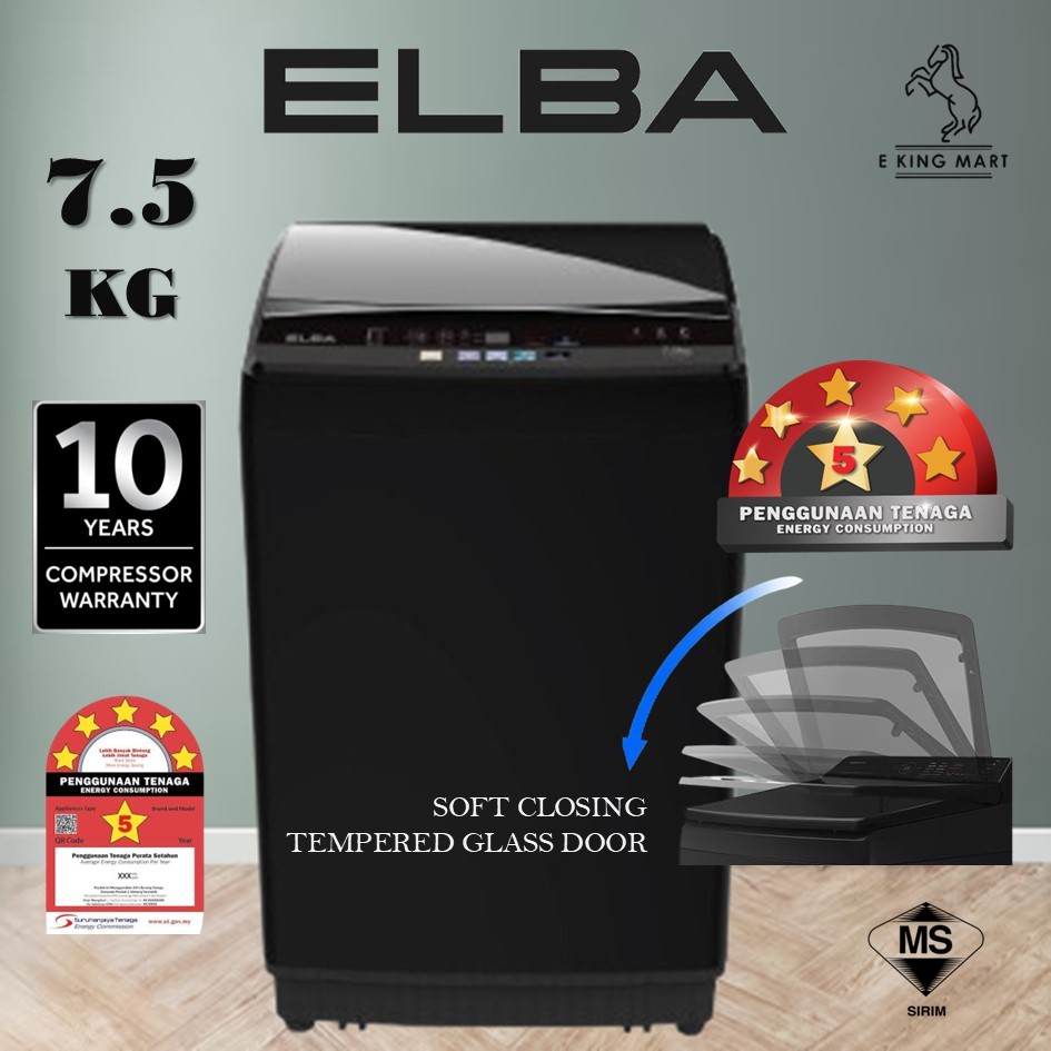 ELBA Washing Machine 7.5KG Top Loading Fully Automatic 5 Star Washer EWT-R7503(BK) Mesin Basuh ...