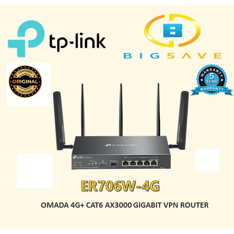 TP-LINK ER706W-4G OMADA 4G+ CAT6 AX3000 GIGABIT VPN ROUTER | Shopee ...