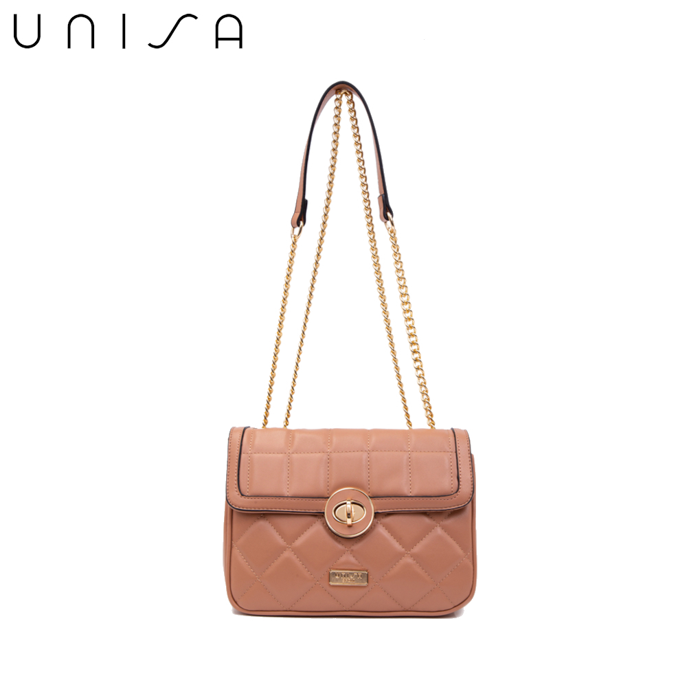 UNISA Quilted Metal Chain Sling Bag With Turn Lock (Black/Khaki/Pink ...