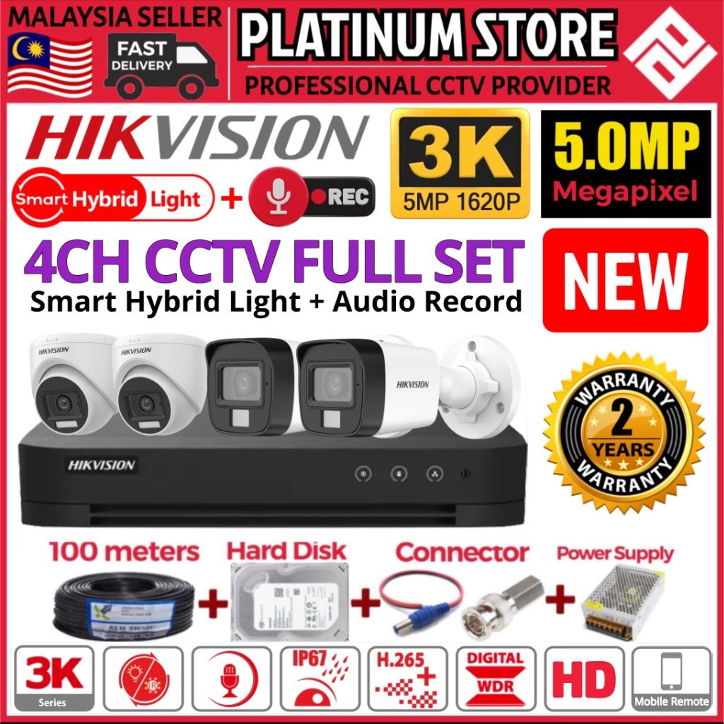 HIK HIKVISION 5.0MP 4CH Smart Hybrid Light Audio FULL COMPLETE SET DVR ...