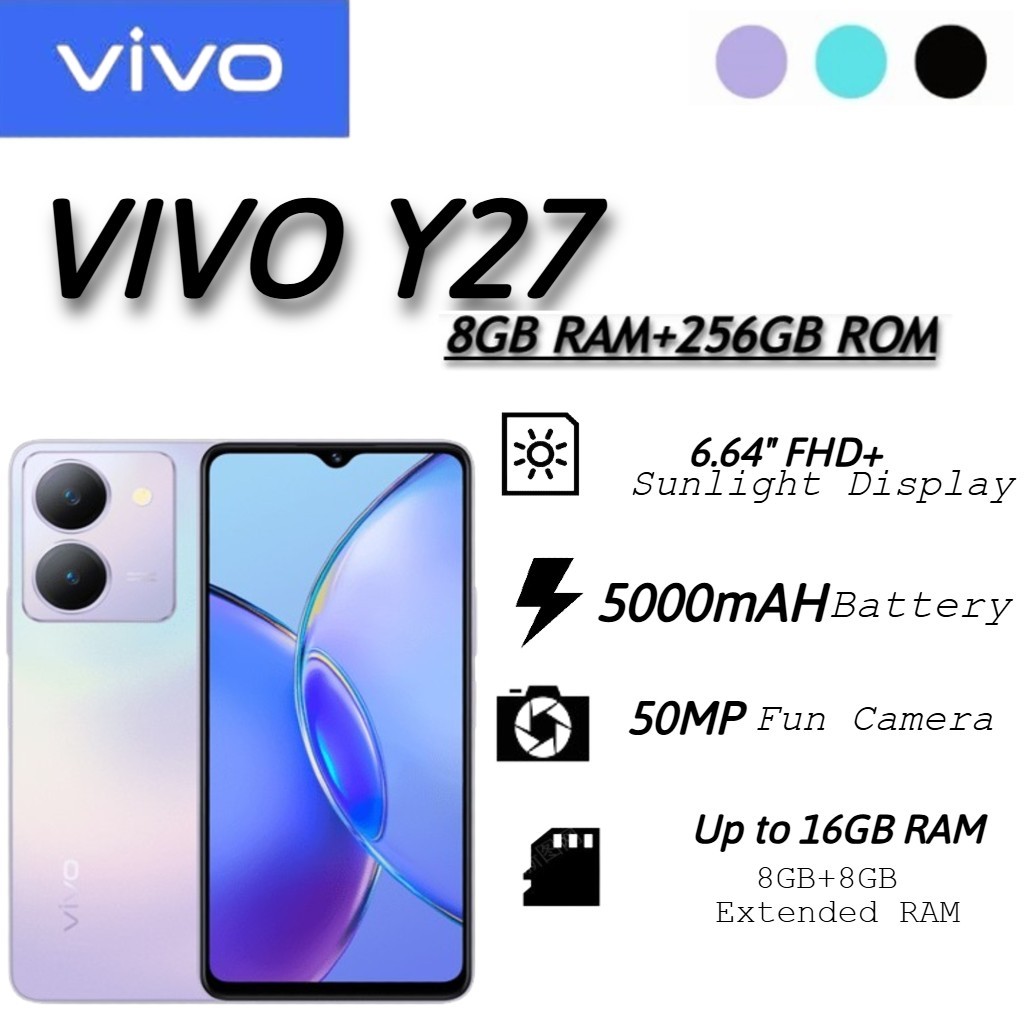 NEW VIVO Y27 5G Smartphone 8+8GB EXTENDED RAM+128GB ROM, 5000mAh, 50MP Fun Camera, 6.64"FHD+ ...