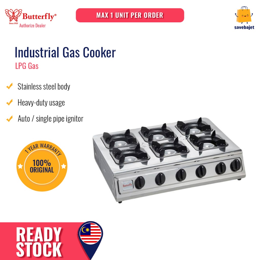 Butterfly Dapur Gas Industri 6 Pembakar 6 Burner Industrial Gas Cooker ...