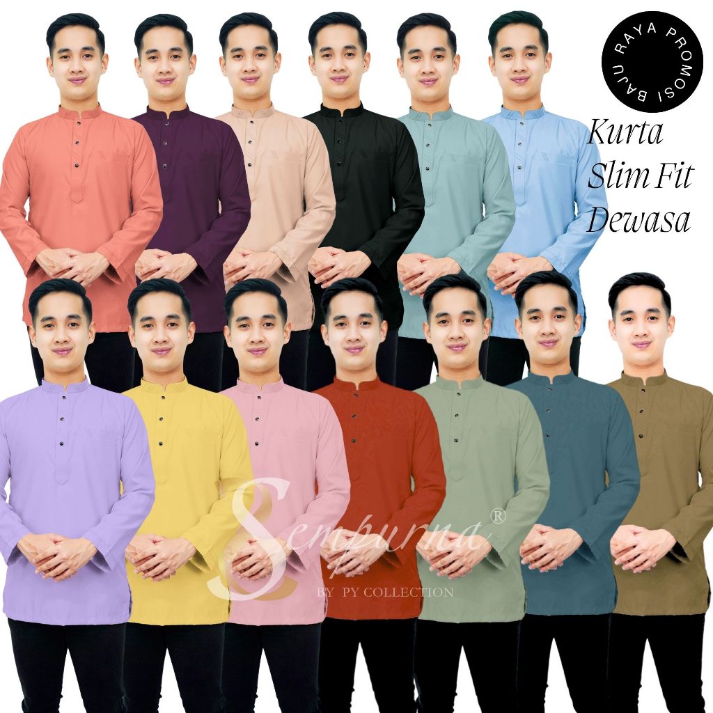KURTA DEWASA BAJU RAYA WARNA MINT LILAC PURPLE PINK YELLOW BLUE HITAM ...
