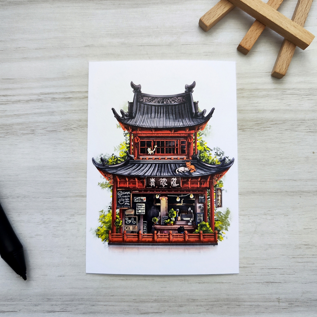 Chine Cafe | Old Ancient Building Landscape | Storefront Illustration ...
