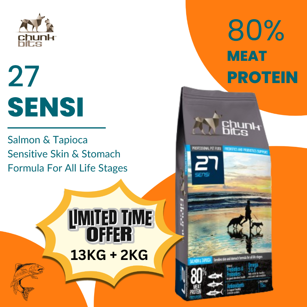 Chunk bits 27 Sensi 13KG /13KG+2KG15KG/15KG Dog Dry Food/Salmon&Tapioca/Sensitive Skin Formula ...