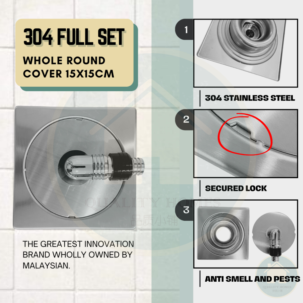 FULL SET 304 Stainless Steel 15cm Whole Round Cover Floor Grate Washing Machine Drain Hose ...