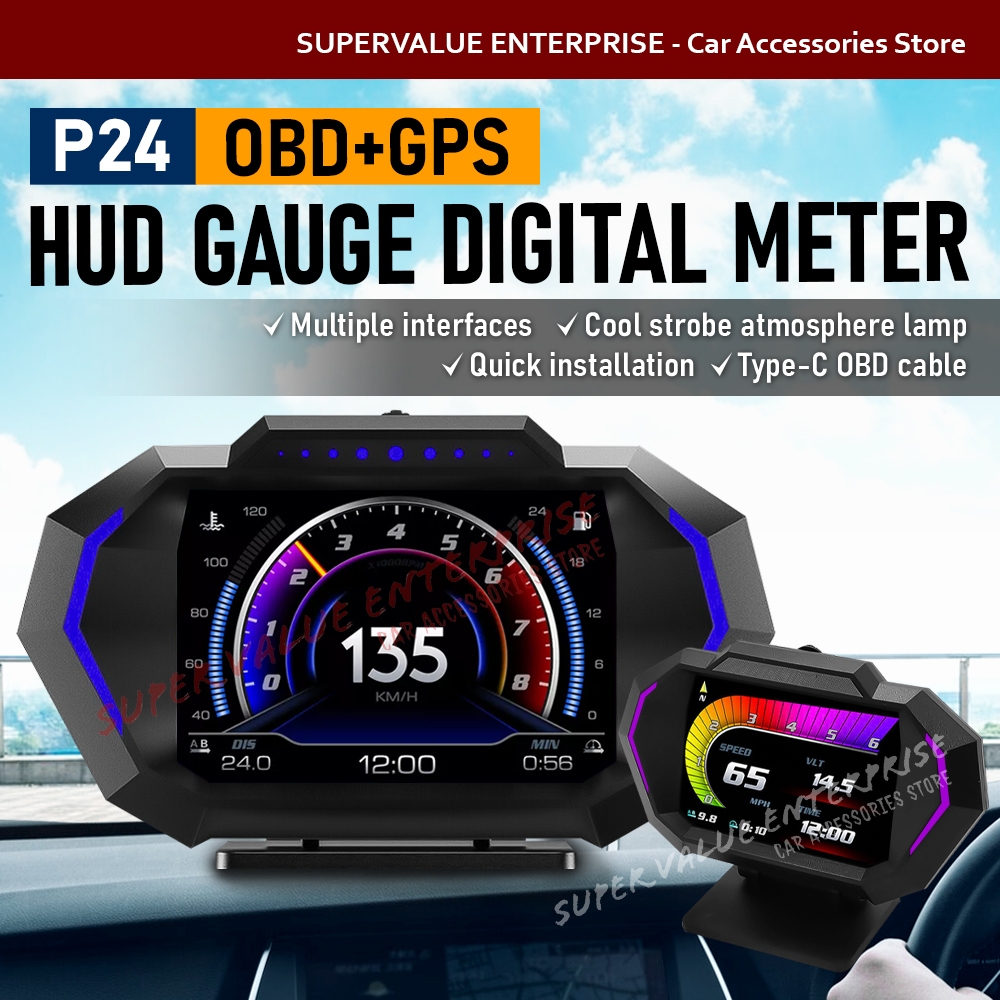P24 OBD+GPS HUD Gauge OBD Digital Meter OBD2 Meter Car Smart Digital Display Speedometer Over ...