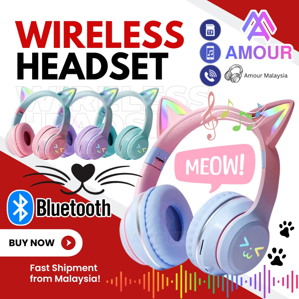 NEW Fon Telinga Trendy LED Cat Ear Headset Bluetooth 5.1 Telinga Kucing ...