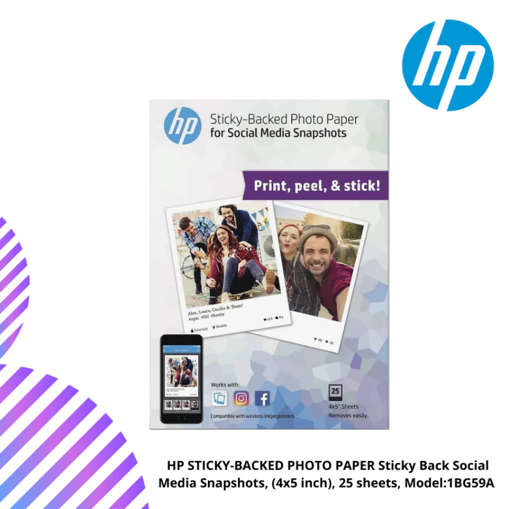 HP STICKY-BACKED PHOTO PAPER Sticky Back Social Media Snapshots, (4x5 ...