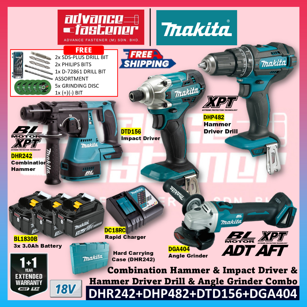 Makita 18V Cordless Combo Set ( Combination Hammer / Hammer Driver Drill / Impact Driver / Angle ...
