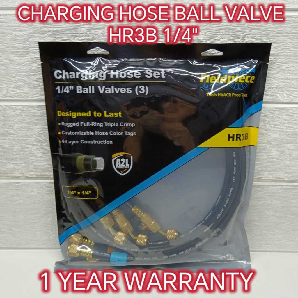 FIELDPIECE HR3B 1/4" ball valve charging hose recovery & evacuation set ...