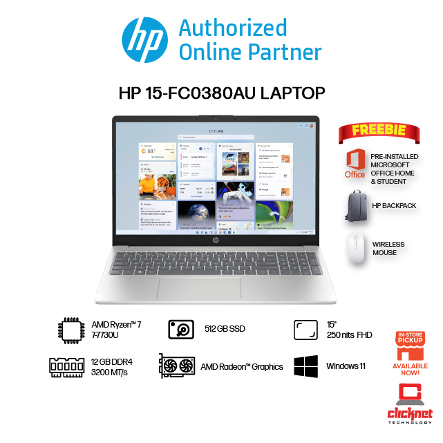 HP 15-FC0380AU LAPTOP (R7-7730U, 12GB RAM, 512GB SSD, 15.6"FHD , BLUE ...