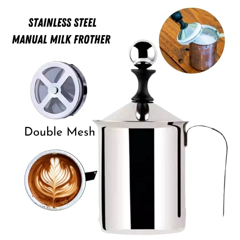 Coffee Hand Pump Manual Milk Foam Frother Stainless Steel Double Mesh ...