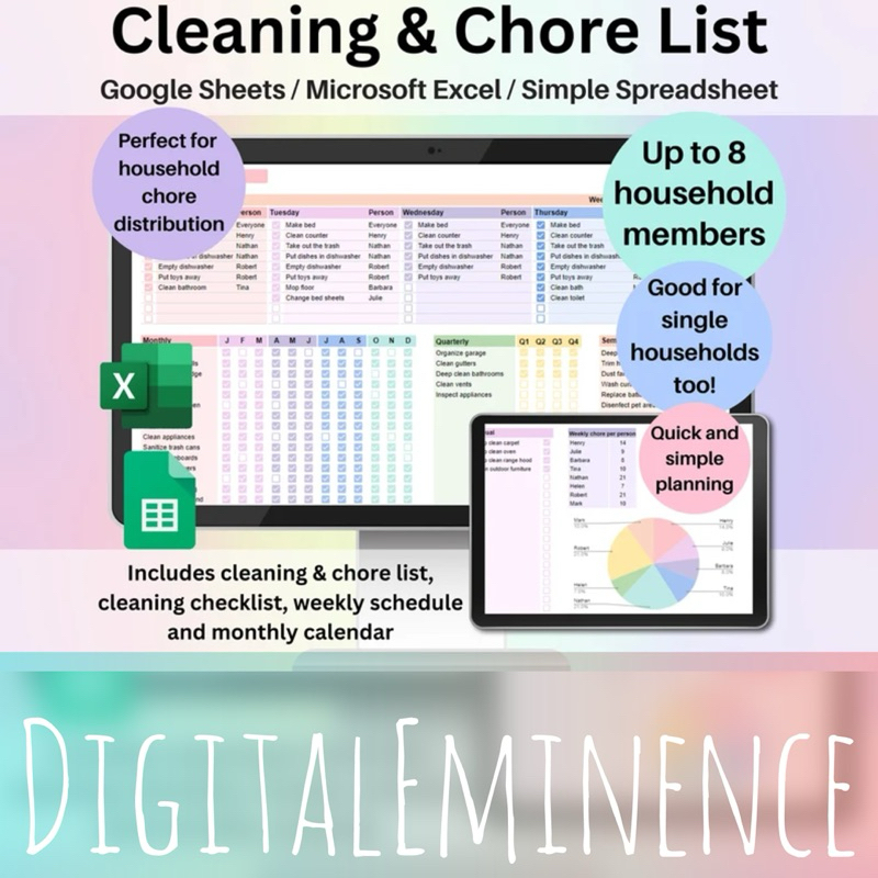 Cleaning & Chore List 🧹 Google Sheets & Excel, Household Task Schedule ...