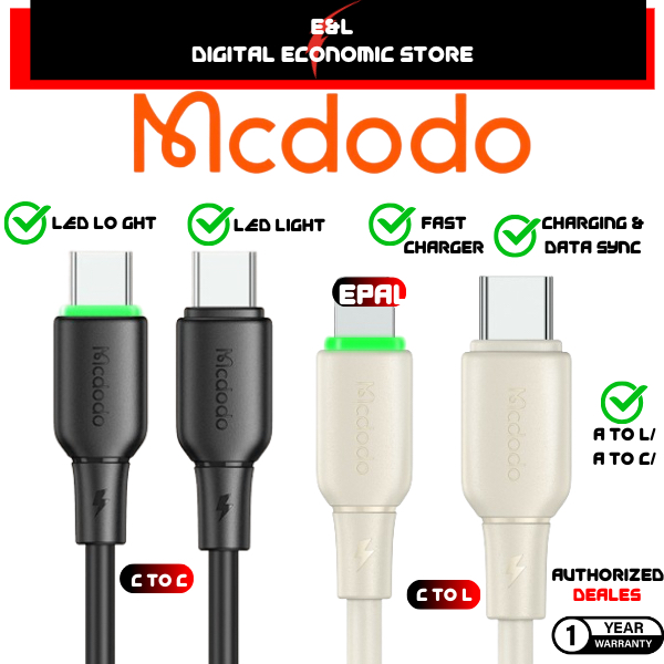 【1Yr Warranty】 MCDODO 65W Type-C to Type-C Data Cable with LED Light 1.2m Black White CA 474 477 ...